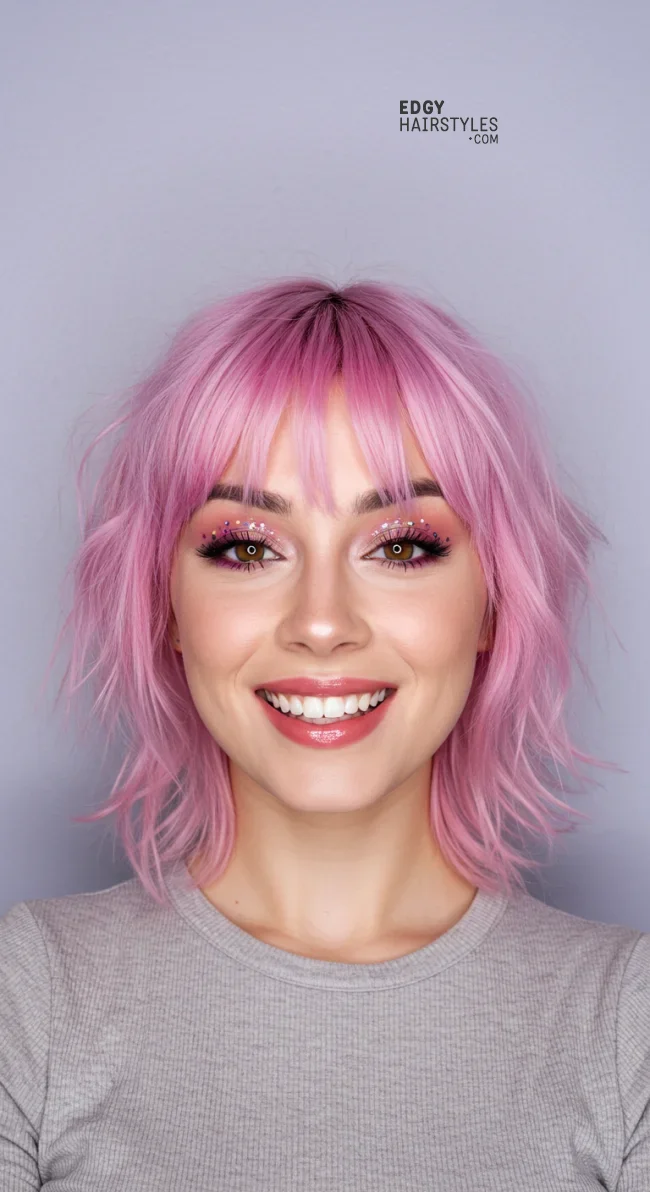 8. Pastel Pink Wolf Cut with Blunt Bangs | 10 Daring Medium-Length Wolf Cut Ideas For An Edgy ...